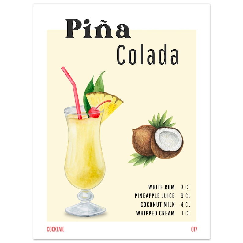 Piña Colada Poster, Cocktail Print, Cocktail Bar Cart Print, Digital ...