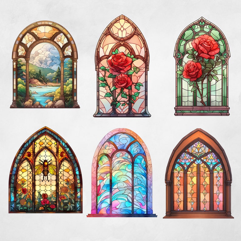Stained Glass Windows Clipart, Arched Window With Flowers, , Colourful ...