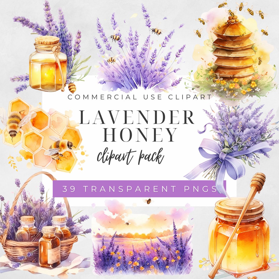 Lavender Watercolor Clipart, Honey Bees Clipart, Sunset Lavender Field ...