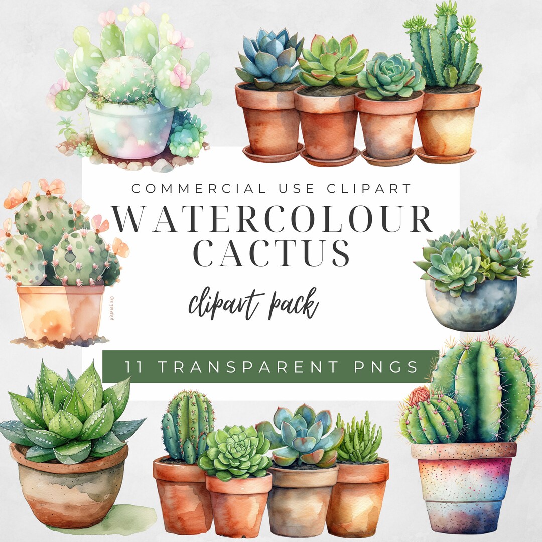 Watercolor Cactuses Clipart, 10 High Quality PNG Files, Succulents ...