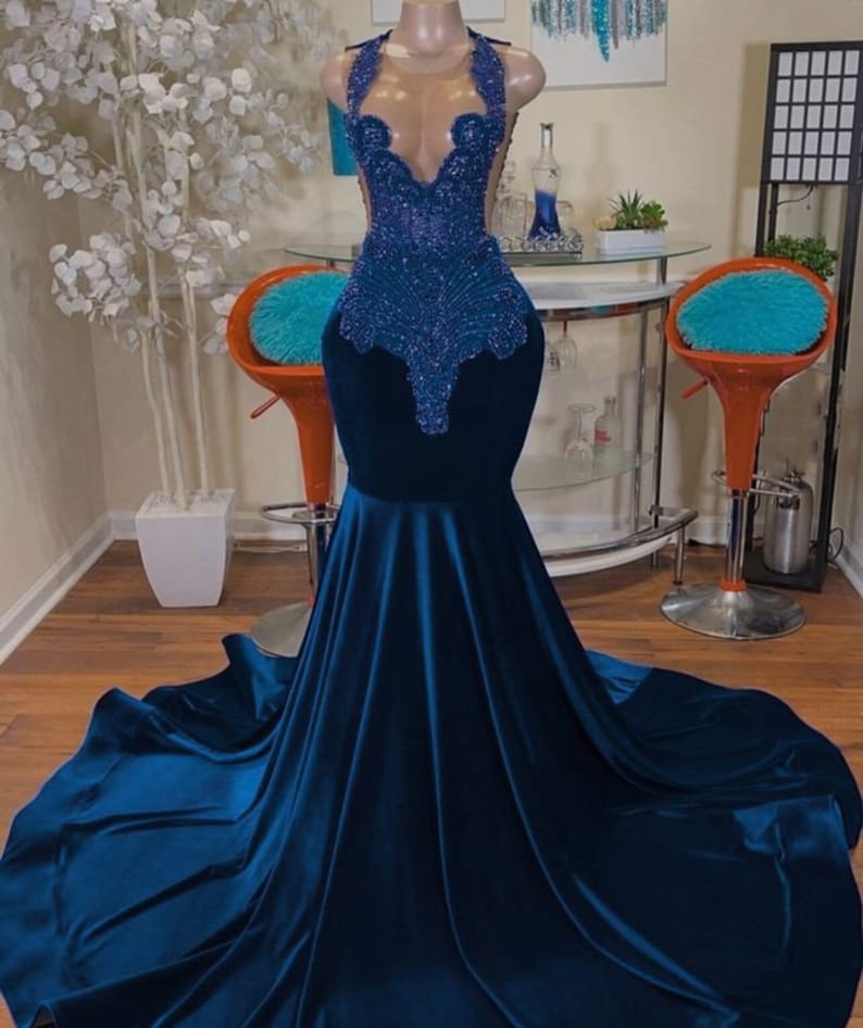 Check Out This Stunning Blue Mermaid Dress With Intricate Blue Applique ...