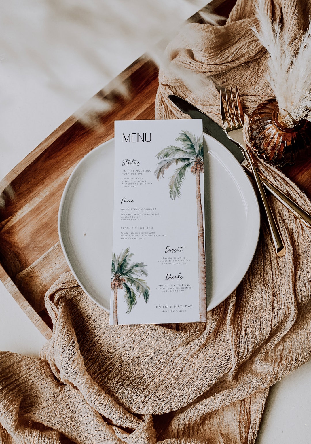 Summer Dinner Menu, Palm Tree Menu Card Decor, Tropical Birthday Dinner ...