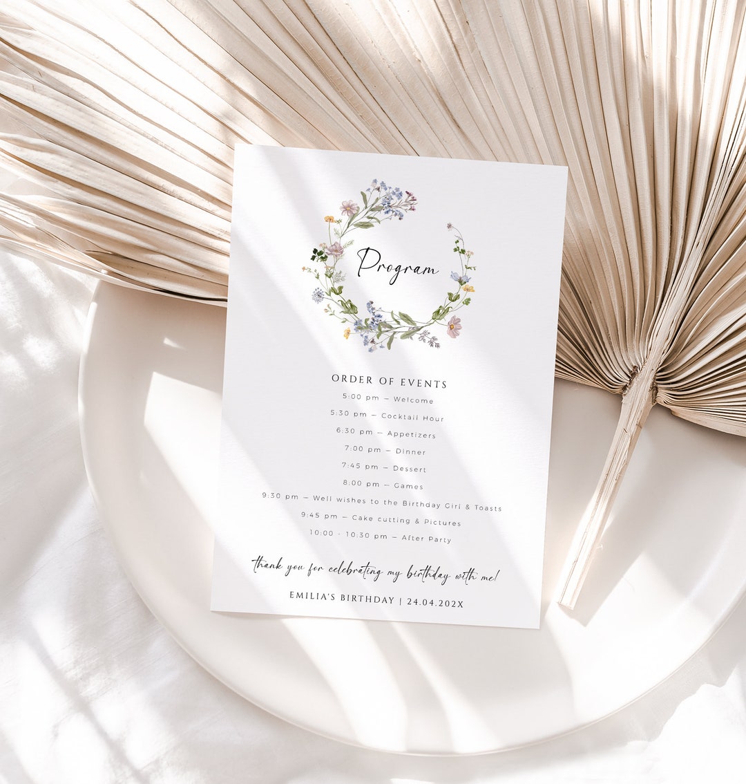 Program Birthday Party Woman's or Man, Wildflowers Adult Bday Table ...