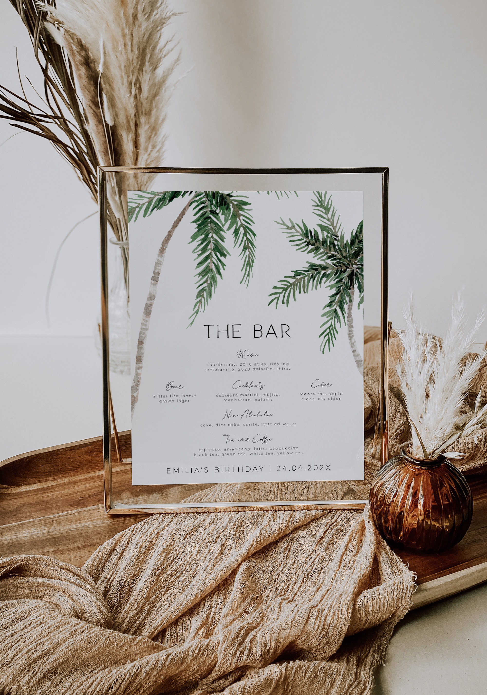 Green Palm Table Bar Sign, the Bar Adult Birthday Party Menu Sign ...