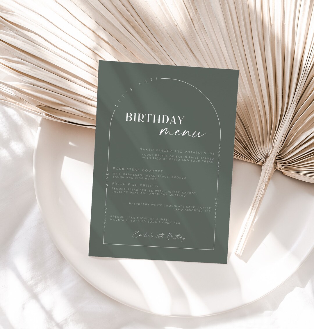 Any Age Adult Birthday Party Dinner Menu, Modern Greenery Birthday Menu ...