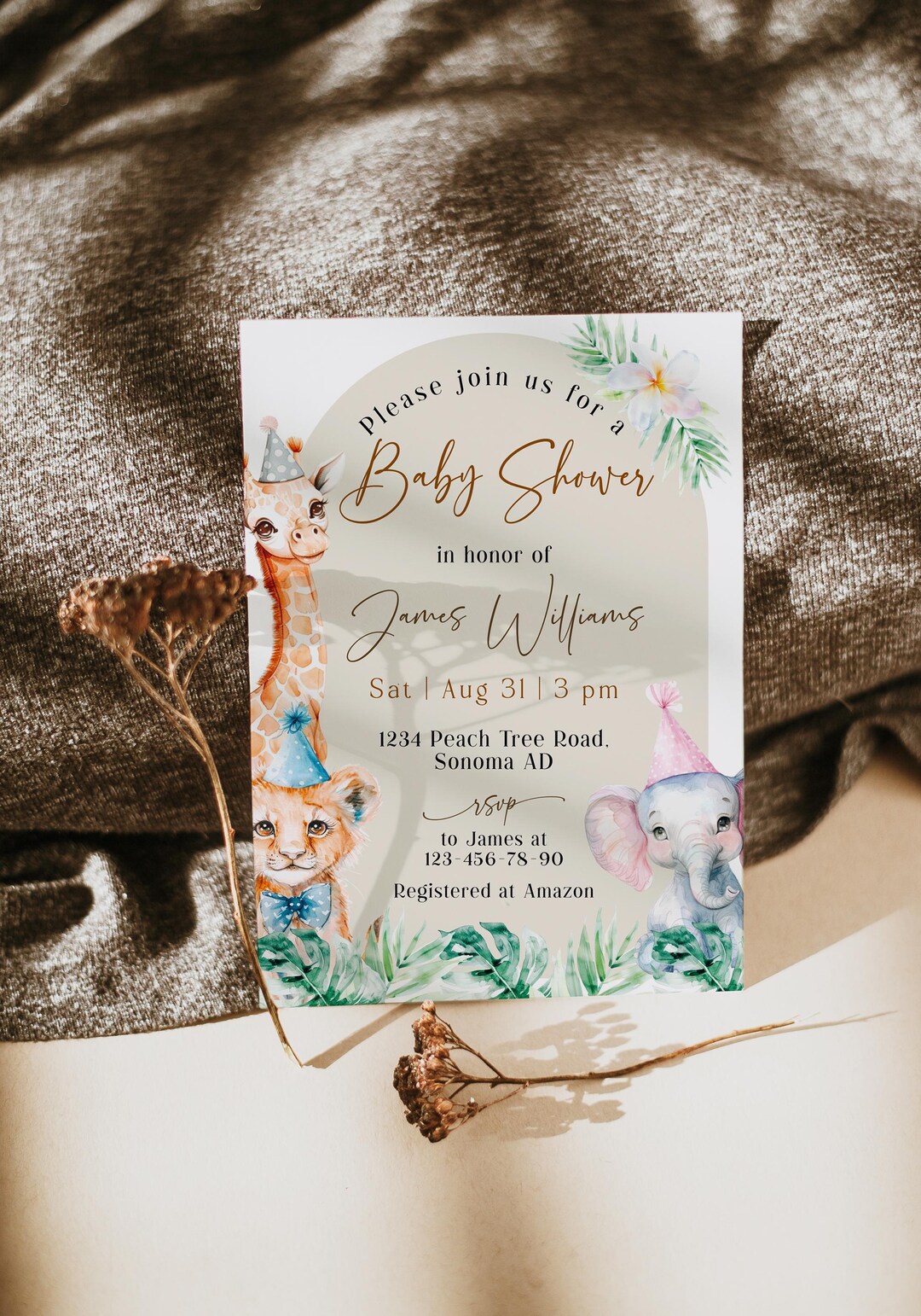 Modern Safari Baby Shower Invitation Printable, Cute Safari Animals ...