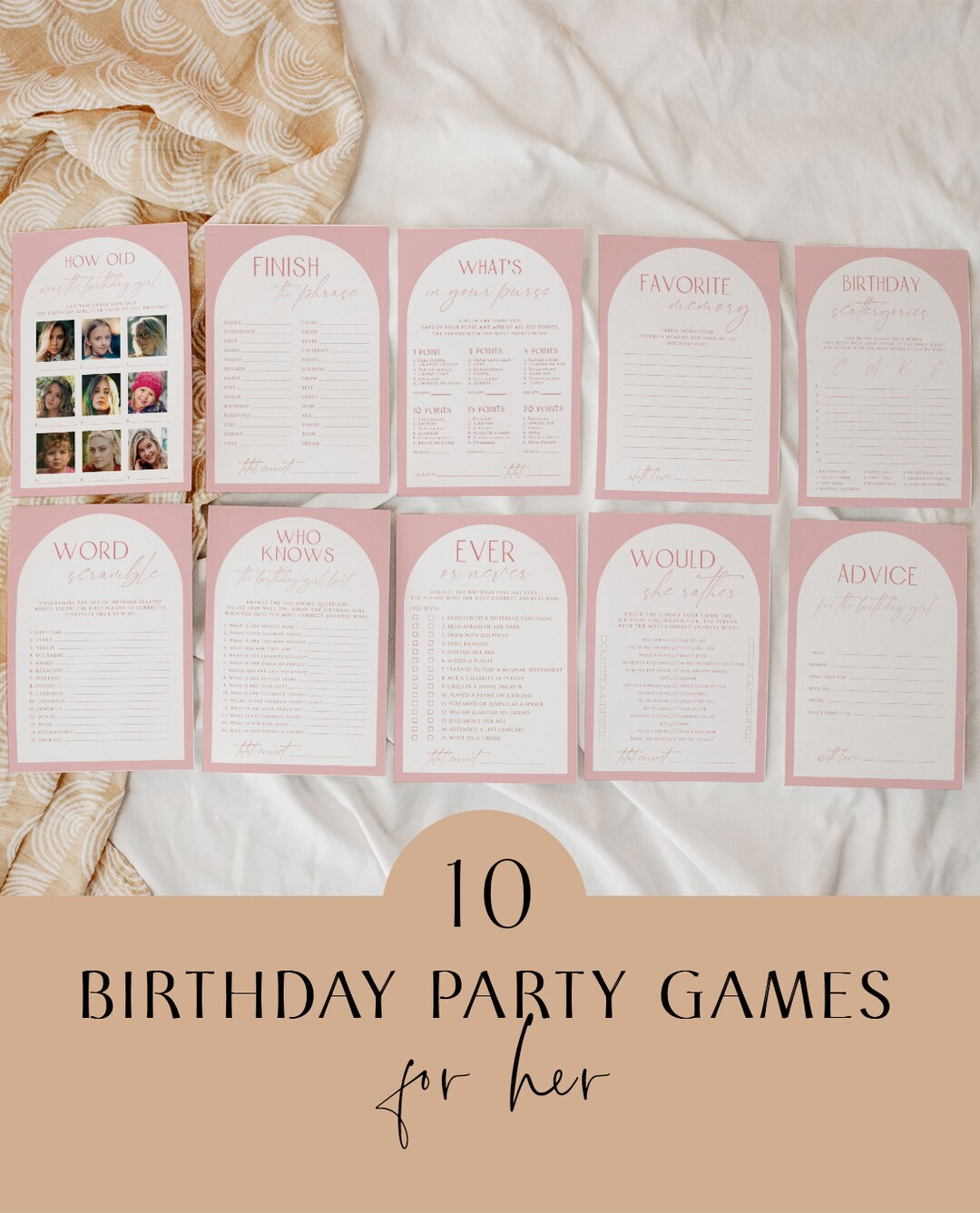 Minimalistic Arch Boho Birthday Game Bundle for Her, Modern Adult ...