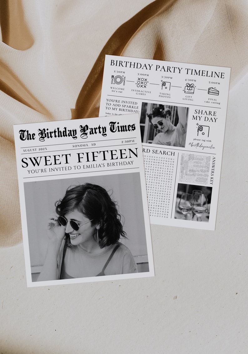 Newspaper 15th Birthday Party Invitation Printable, Personalized 15th ...