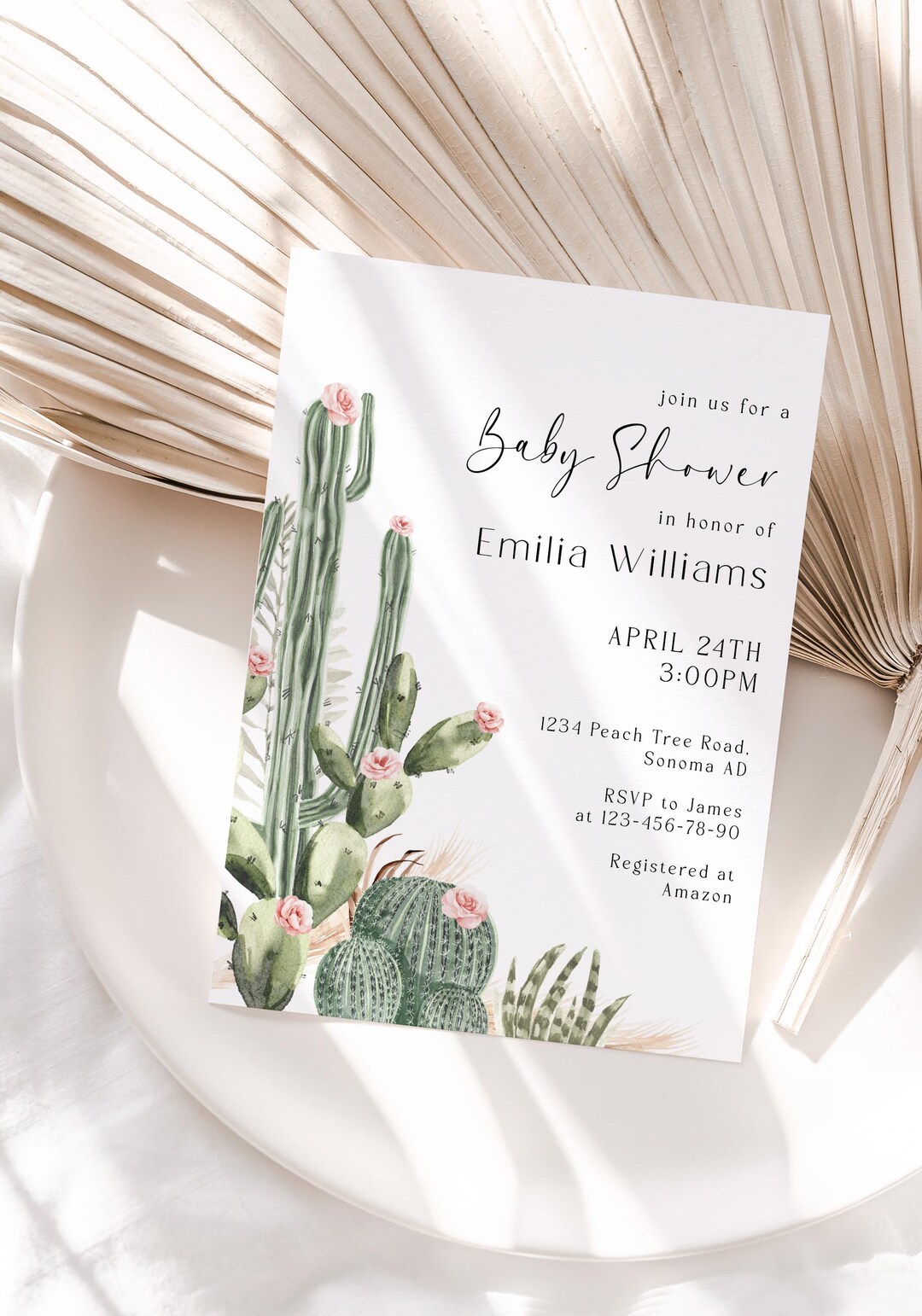 Flowering Cacti Baby Shower Invitation Template, Minimalist Boho ...