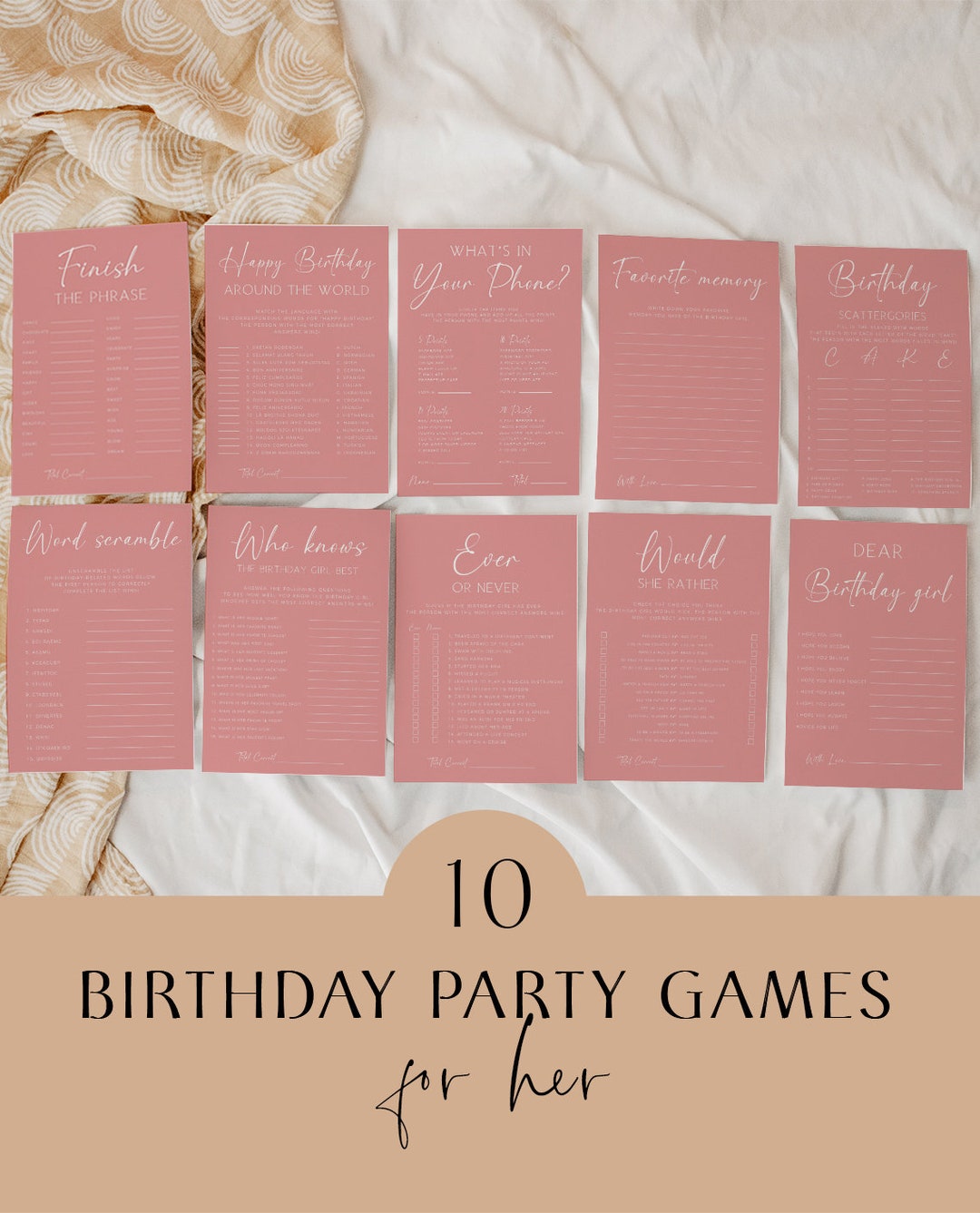 Modern Pink Tone Birthday Party 10 Game Bundle, Adult Games Set ...
