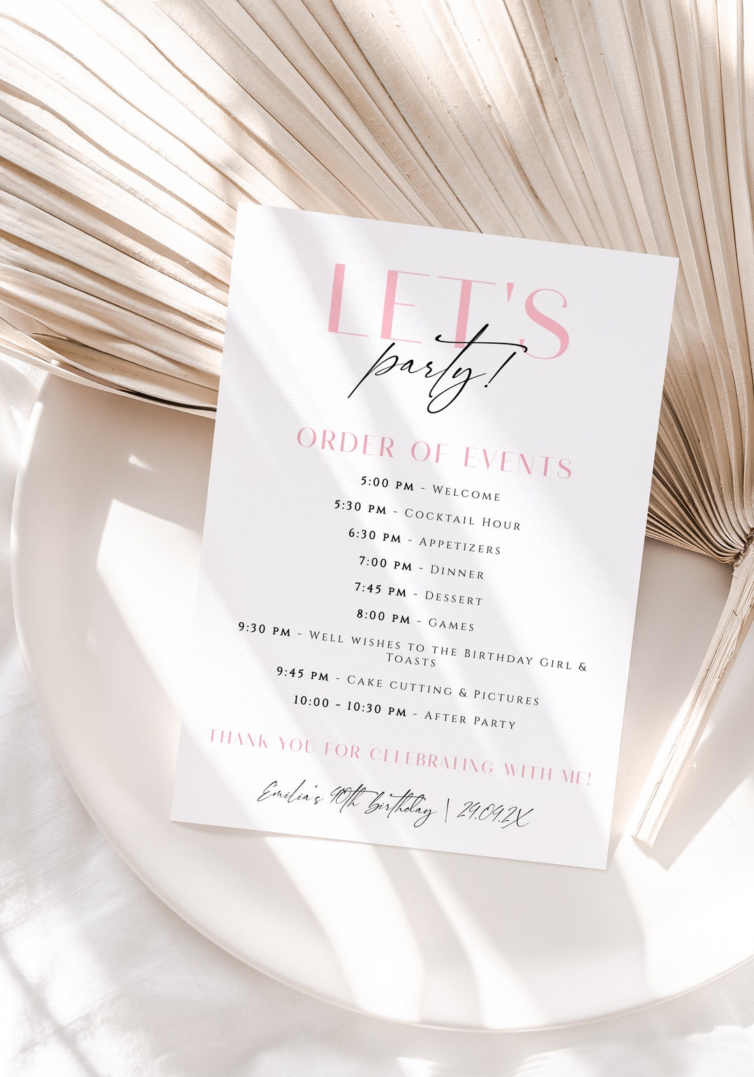 Minimalist Decor Adult Birthday Program Card, Blush Pink Woman Dinner ...