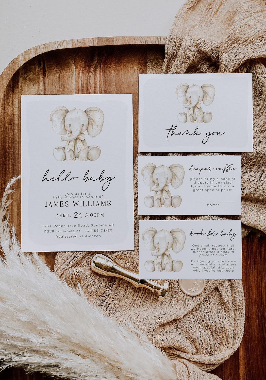 Hello Baby Elephant Invitation Set Printable, Vintage Cute Elephant ...
