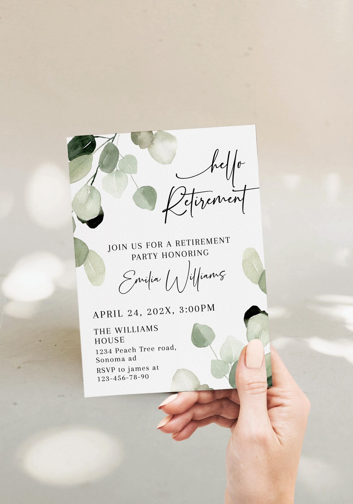 Eucalyptus Hello Retirement Party Invitation Printable, Green Leaves ...