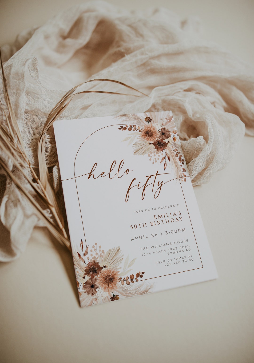 Hello 50th Birthday Invite Template, Boho 50th Birthday Invitation With ...