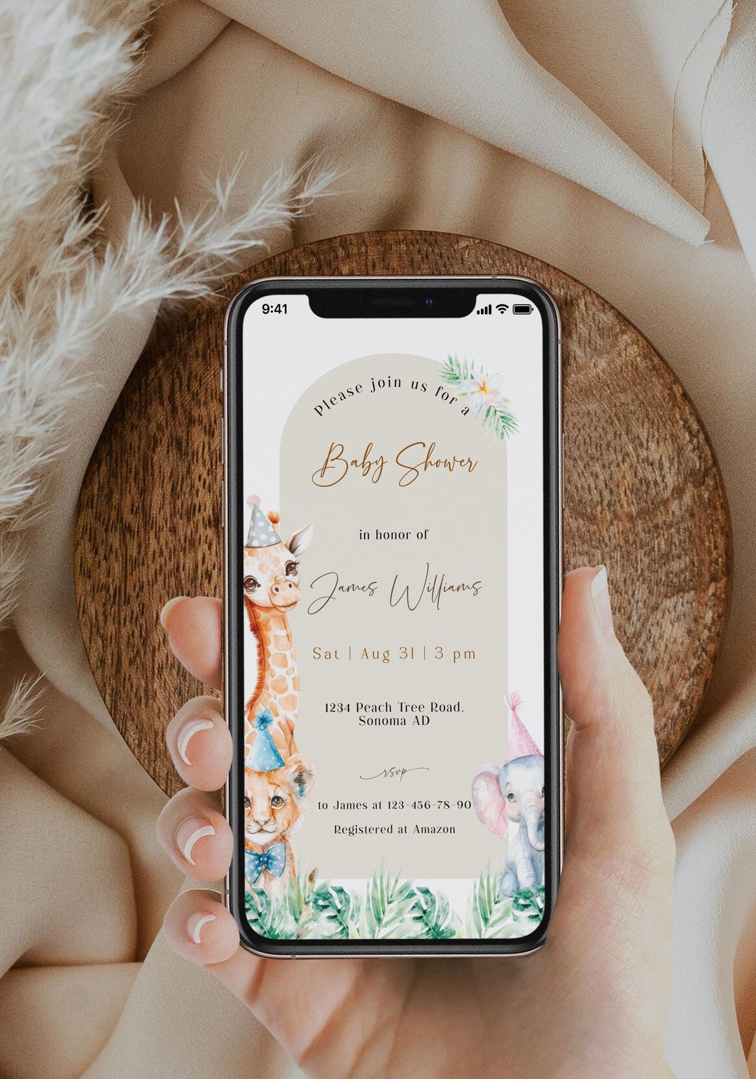Safari Animals Baby Shower Boy Girl Modern Digital Invitation Template ...