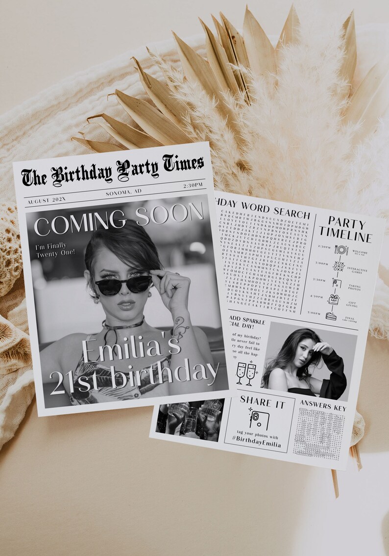 Black White Newspaper Birthday Invite, 21st Birthday Party Invitation ...