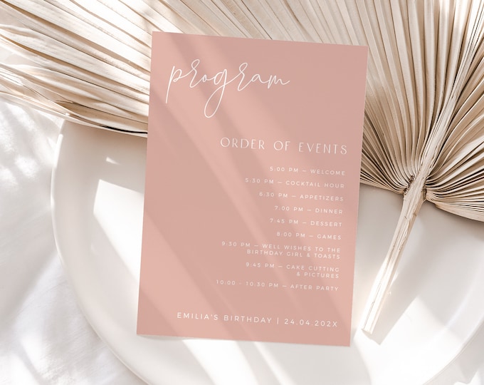 Editable Rose Gold Glitter Birthday Event Program Card Template ...