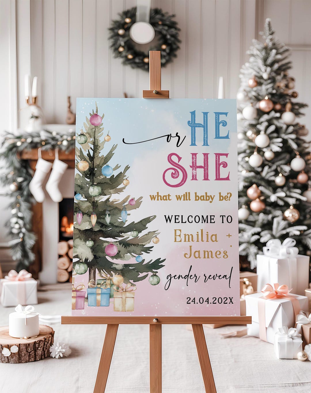 Editable Christmas Tree Gender Reveal Welcome Poster He or She What ...