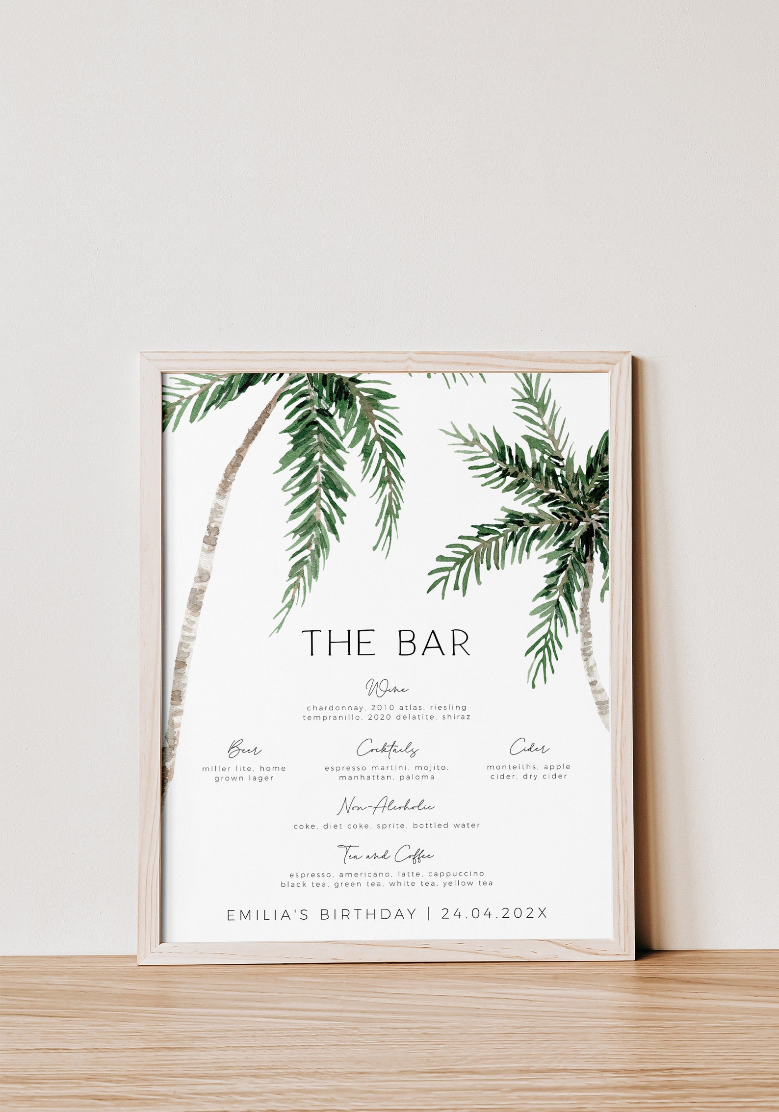 Green Palm Table Bar Sign, the Bar Adult Birthday Party Menu Sign ...