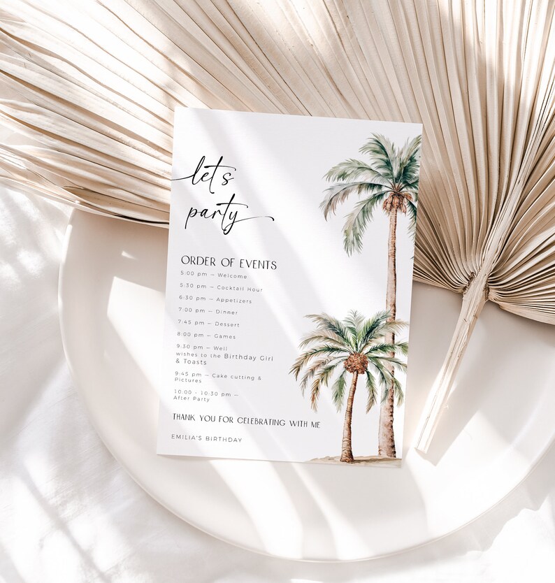 Let's Party Adult Birthday Programs Template, Boho Tropical Palm Trees ...