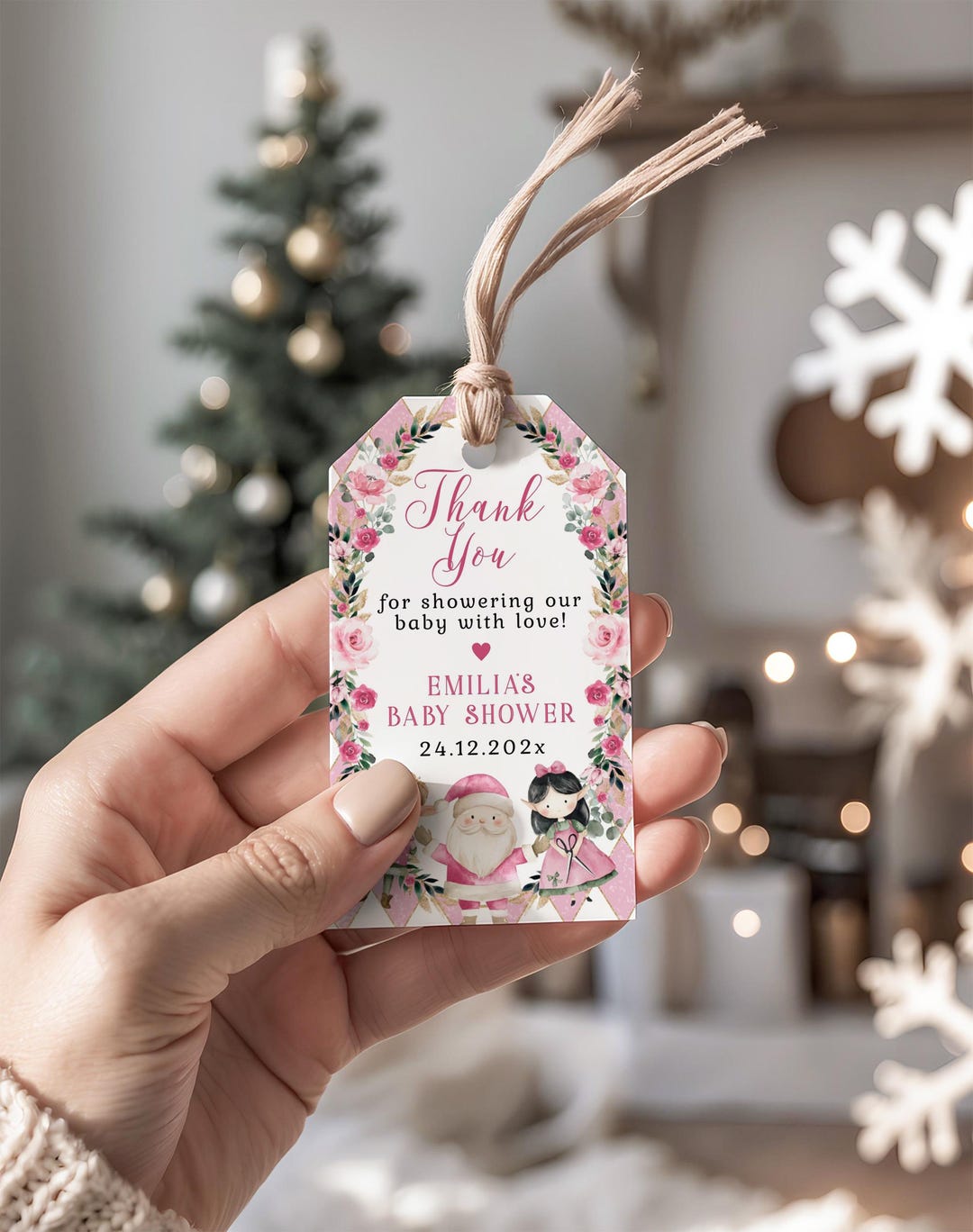 Christmas Santa Elves Thank You Tag Pink Floral Girl Baby Shower ...