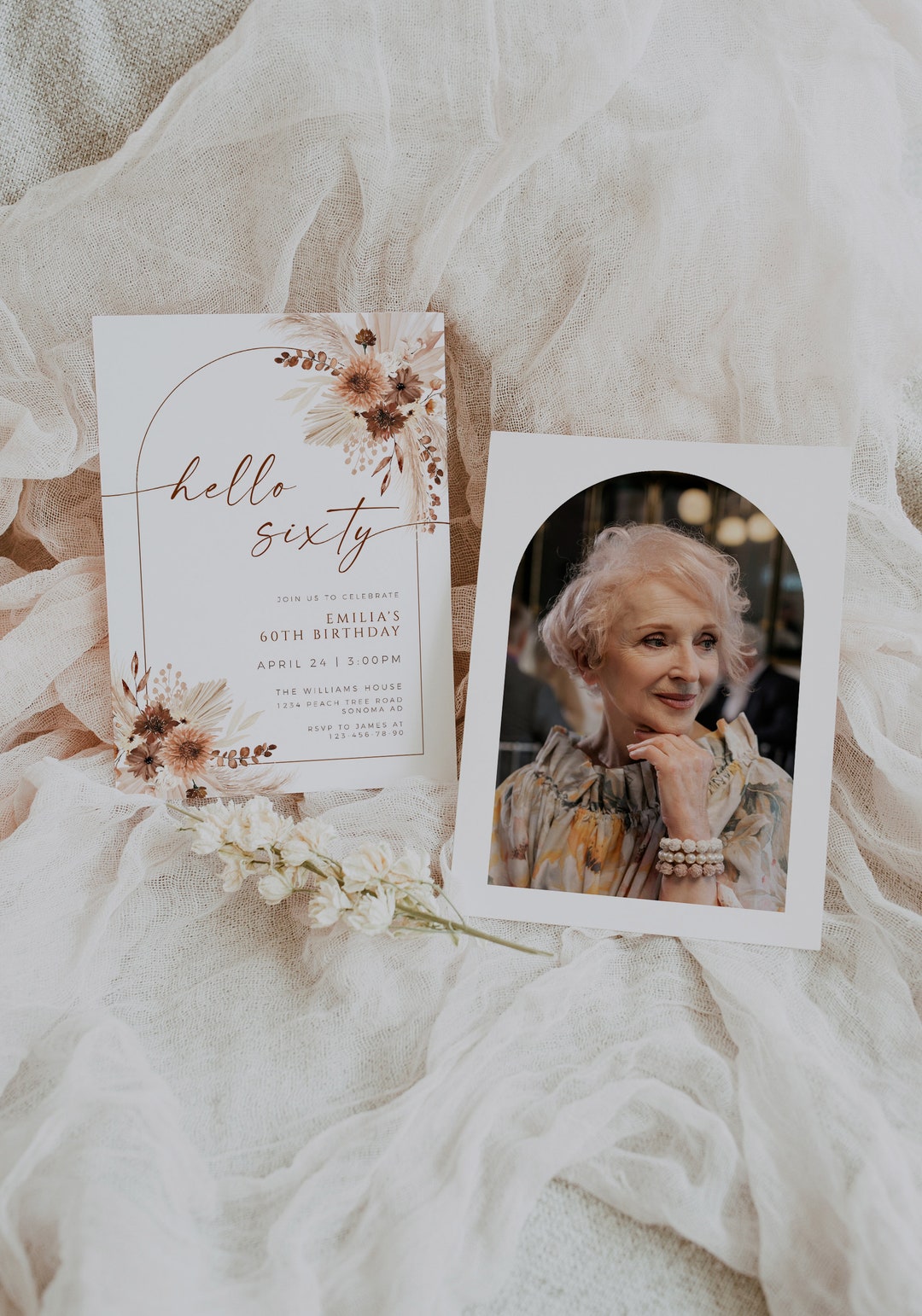 Elegant Pampas Birthday Invitation, Hello Sixty Adult Woman Birthday ...