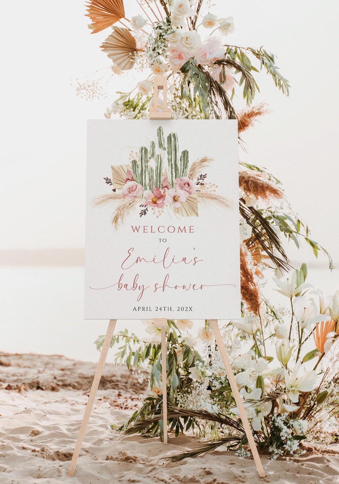 Editable Boho Pink Flowers Girl Baby Shower Welcome Sign, Cacti Baby ...