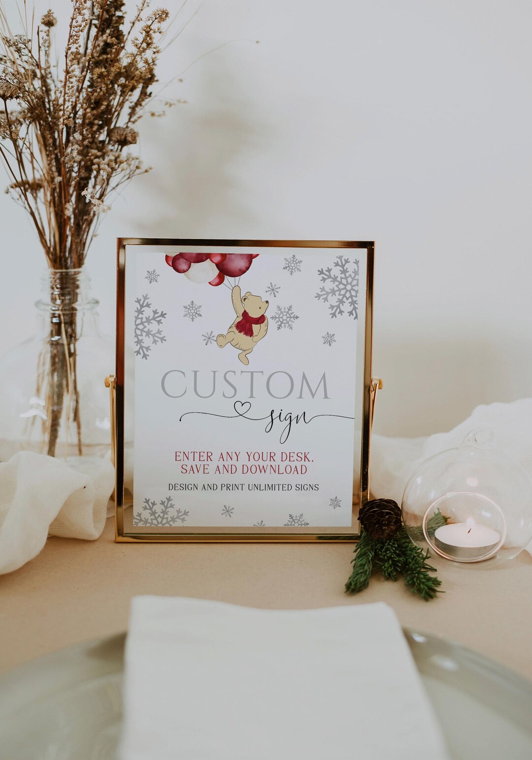 Editable Boho Winter Classic Winnie the Pooh Baby Shower Custom Sign ...