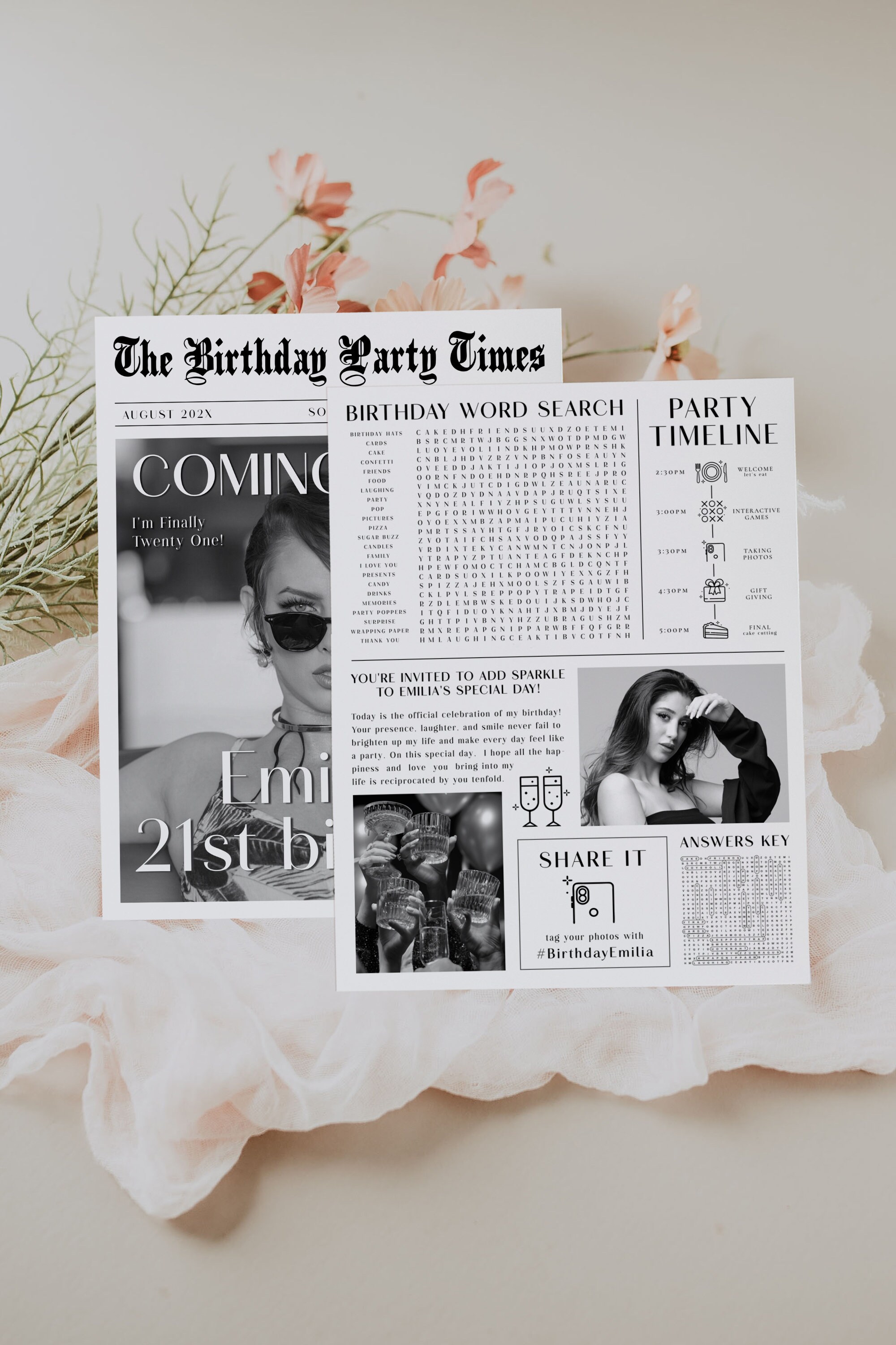 Black White Newspaper Birthday Invite, 21st Birthday Party Invitation ...