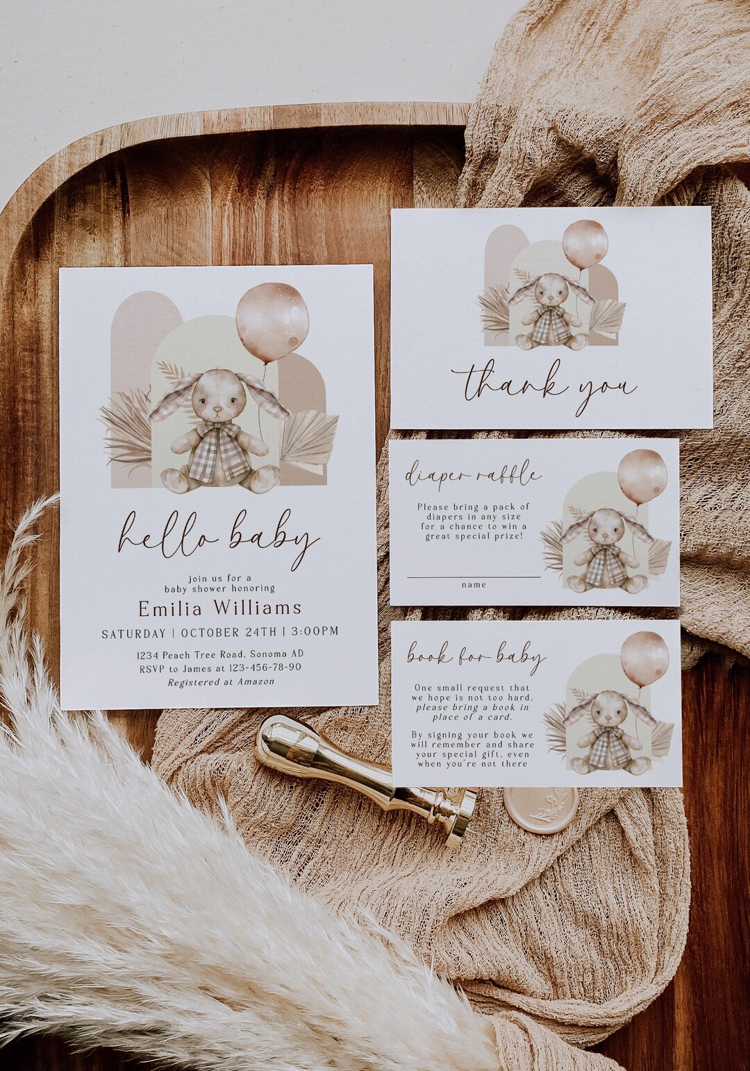 Editable Hello Baby Baby Shower Invitation Set, Boho Flowers and Banny ...