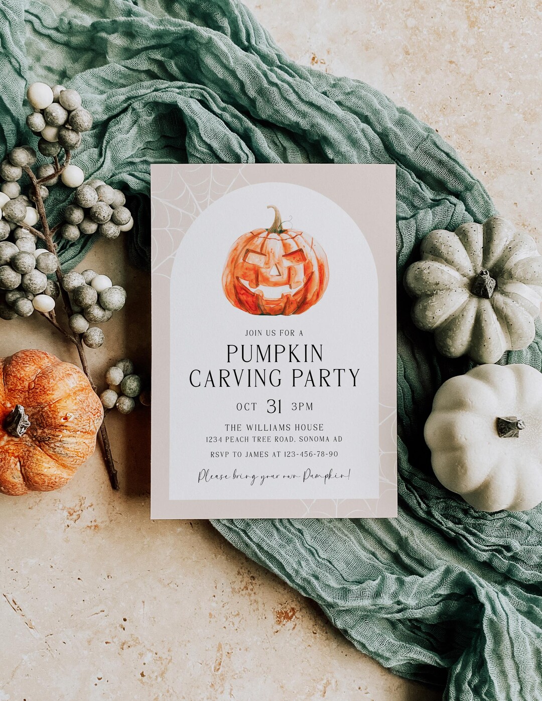 Editable Boho Minimalist Pumpkin Carving Party Invitation, Monster ...