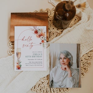 Hello Sixty Birthday Adult Invitation Template, Arch Boho Burnt Orange ...