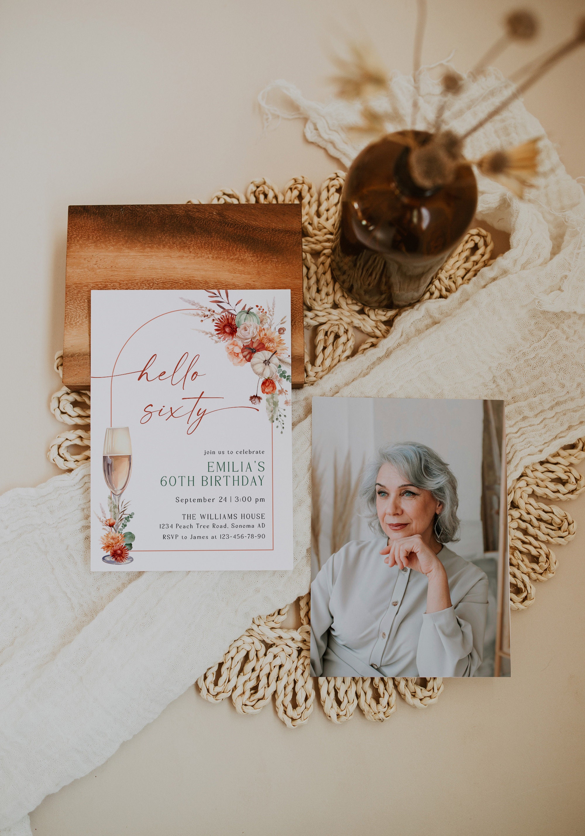 Hello Sixty Birthday Adult Invitation Template, Arch Boho Burnt Orange ...