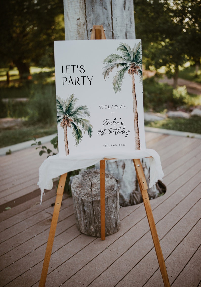 Palm Greenery Adult Birthday Party Welcome Poster, Let's Party Tropical ...