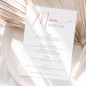 Birthday Adult Party Menus for Woman or Man, Minimalist Elegant Party ...