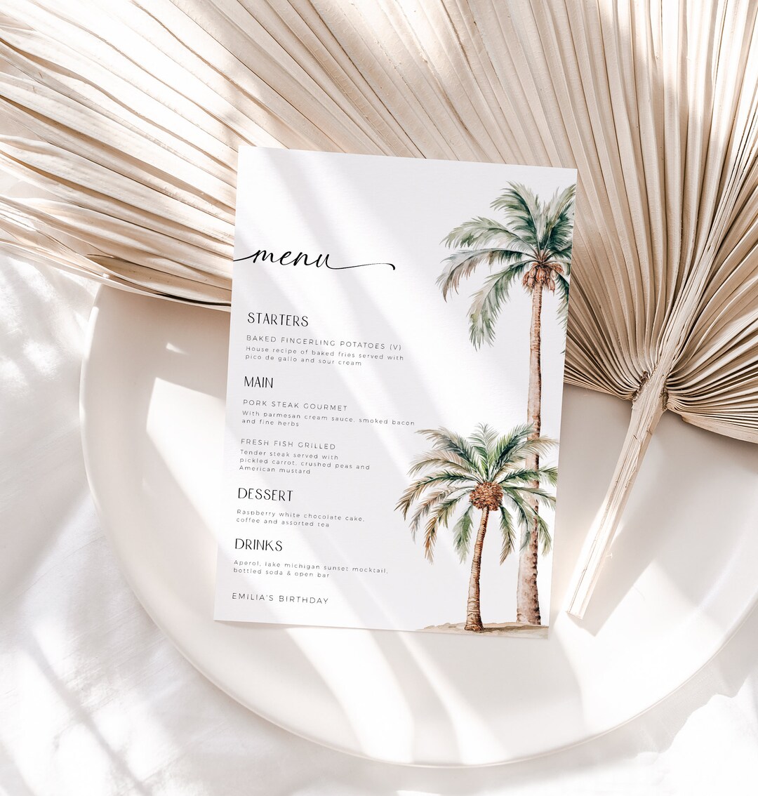 Tropical Birthday Party Dinner Menu Table Card, Palm Tree Menu Template ...