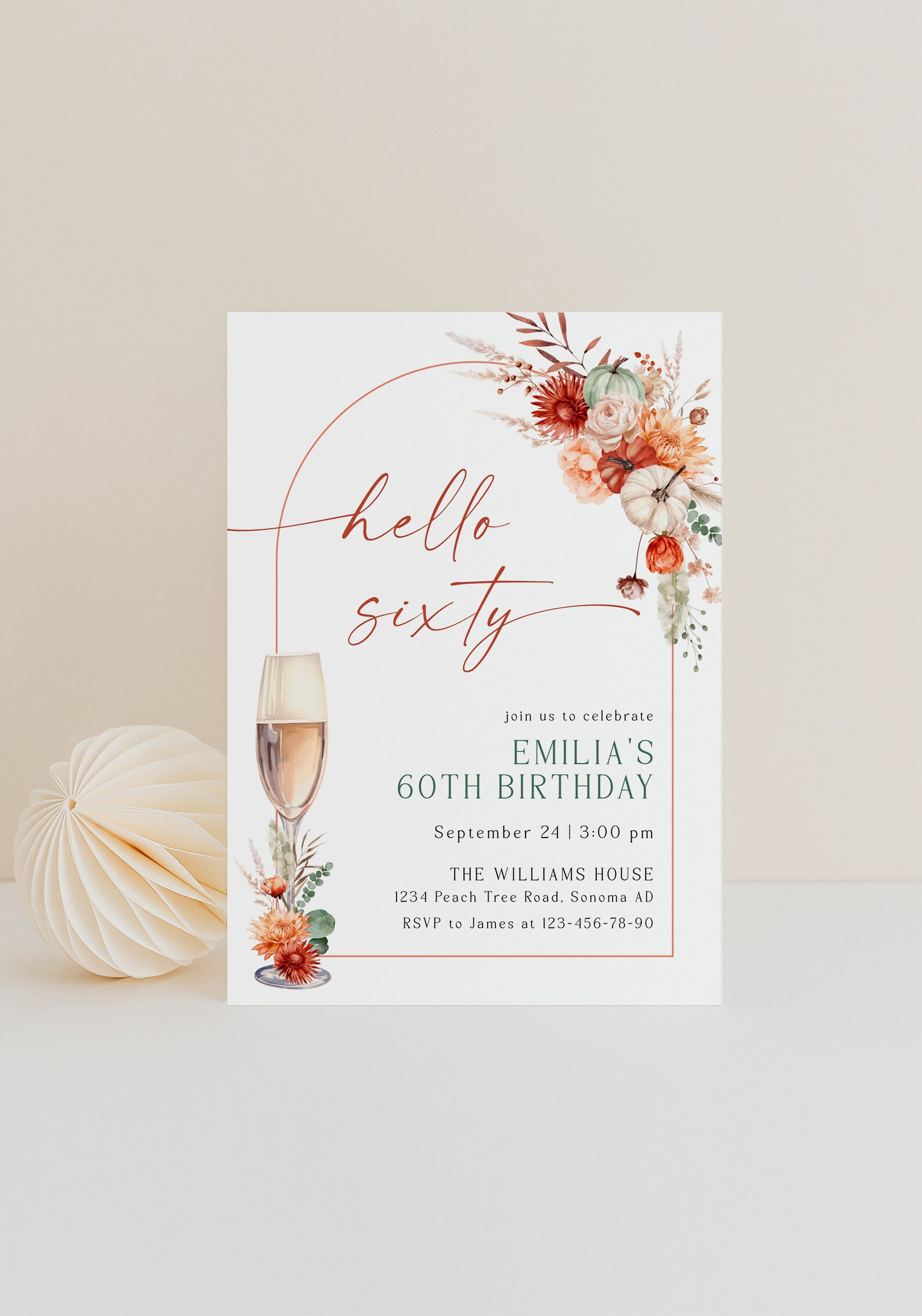 Hello Sixty Birthday Adult Invitation Template, Arch Boho Burnt Orange ...