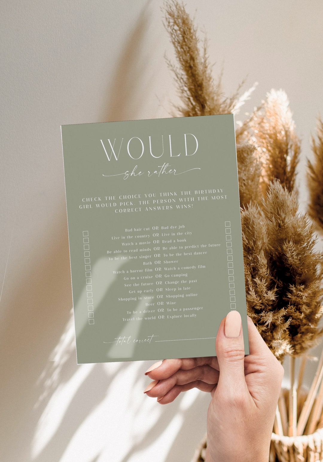 Would She Rather, Sage Green Birthday Girl Game Printable, Fun ...