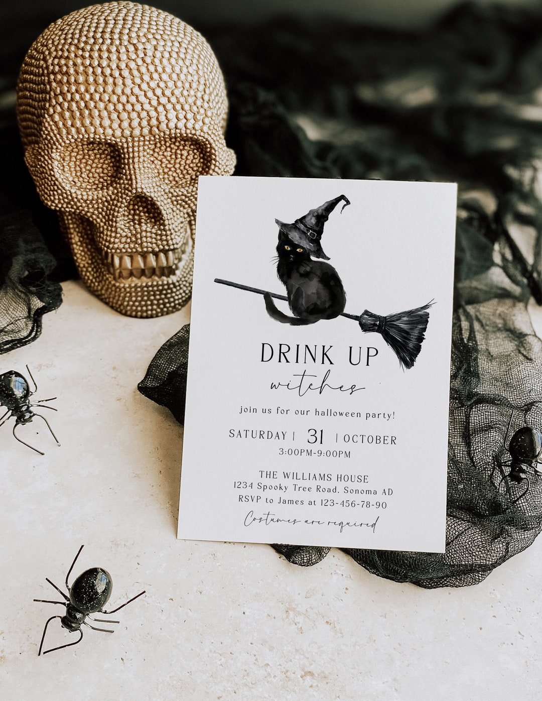 Editable Gothic Adult Bewitching Bash Invitation, Black Cat Minimalist ...