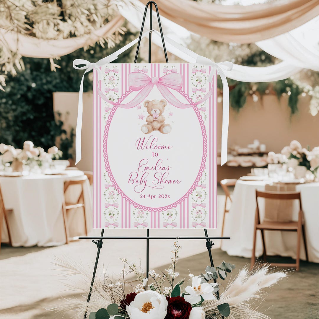 Little Bear Girl Baby Shower Welcome Sign Template: Vintage Pink Grand ...