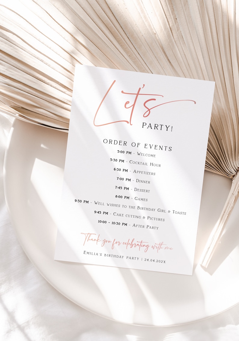 Printable Ladies Birthday Party Details Program Card, Black Pink ...