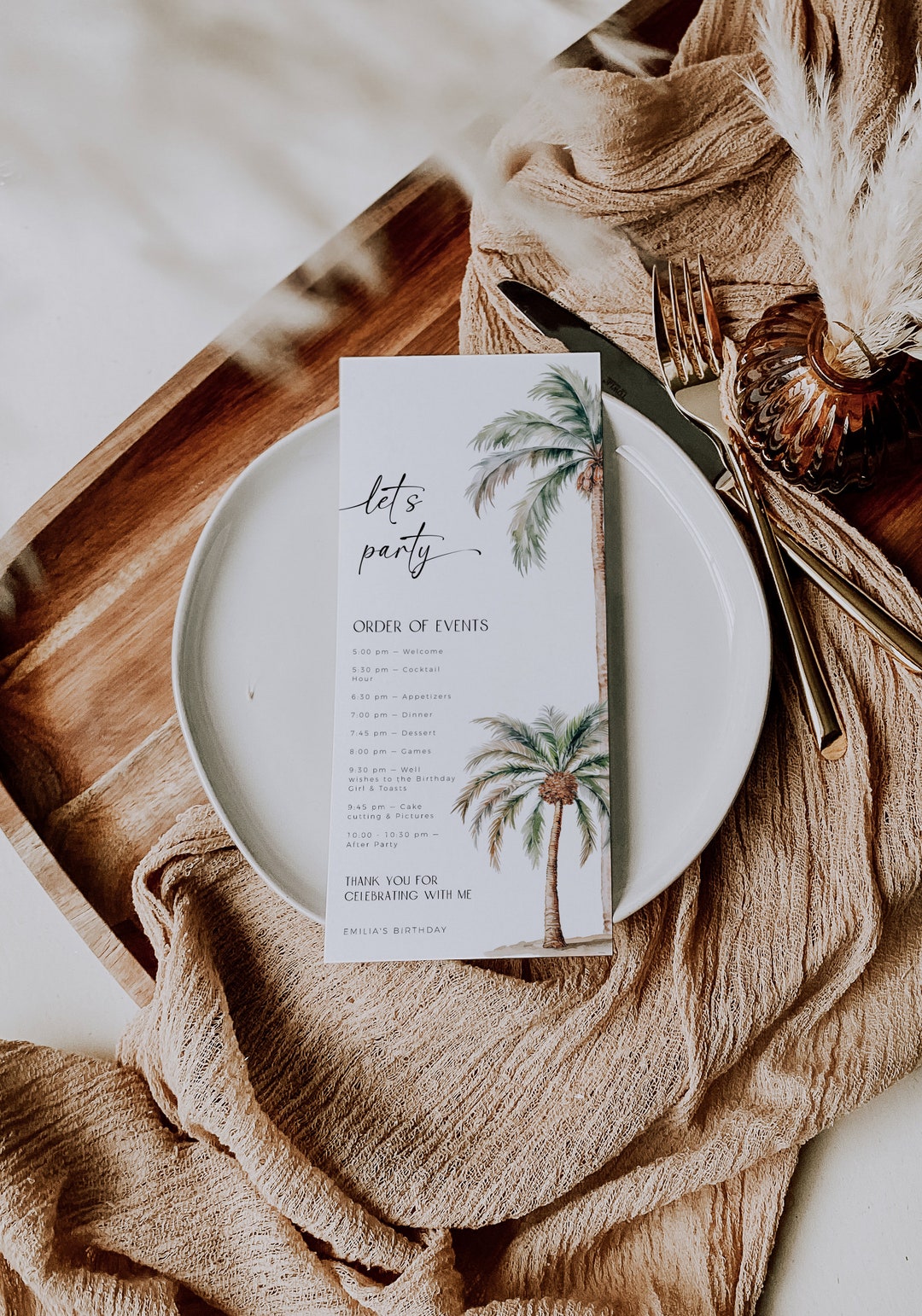 Let's Party Adult Birthday Programs Template, Boho Tropical Palm Trees ...