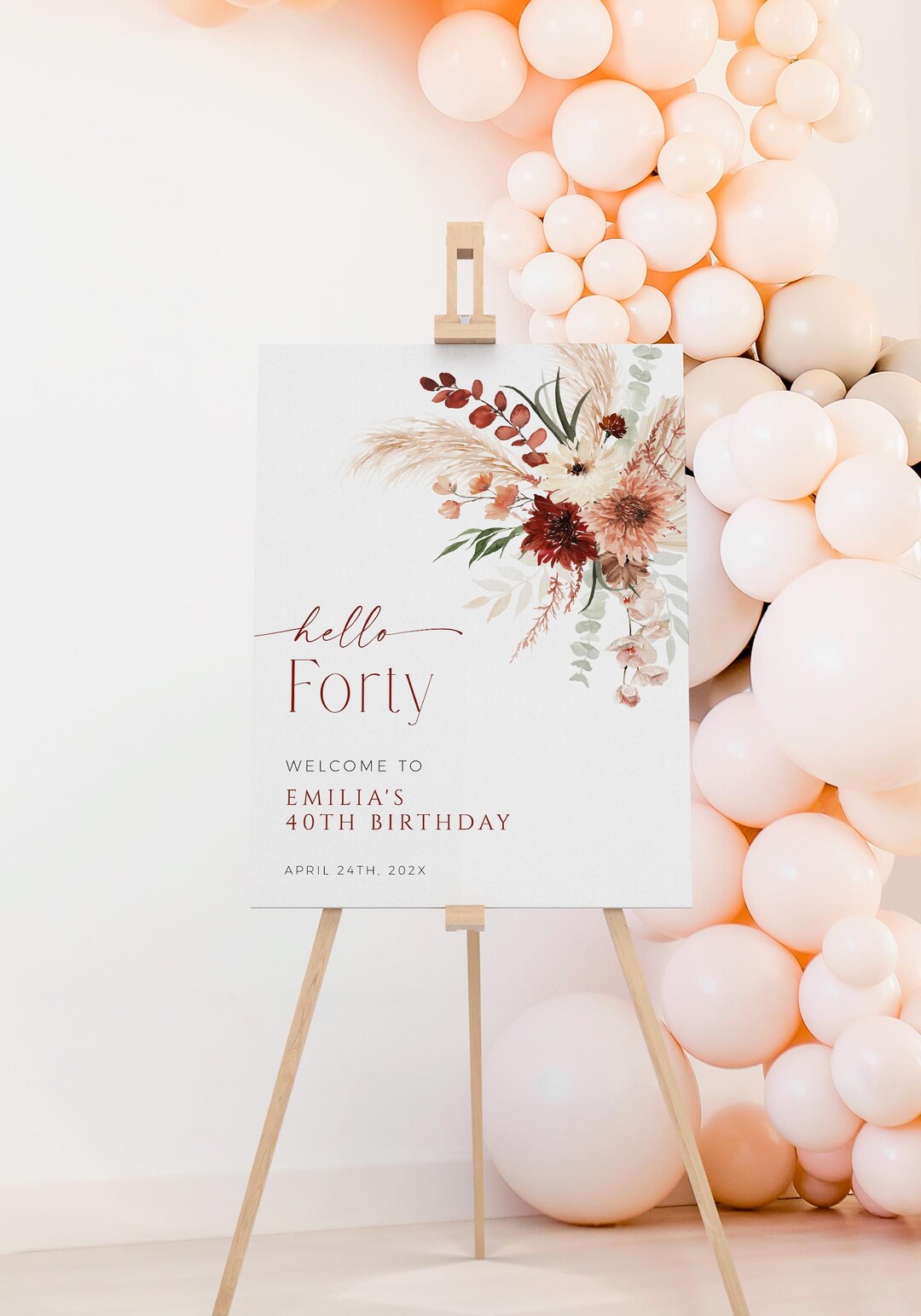 Hello Forty Boho Welcome Poster, Pampas Fall Flowers Adult Birthday ...
