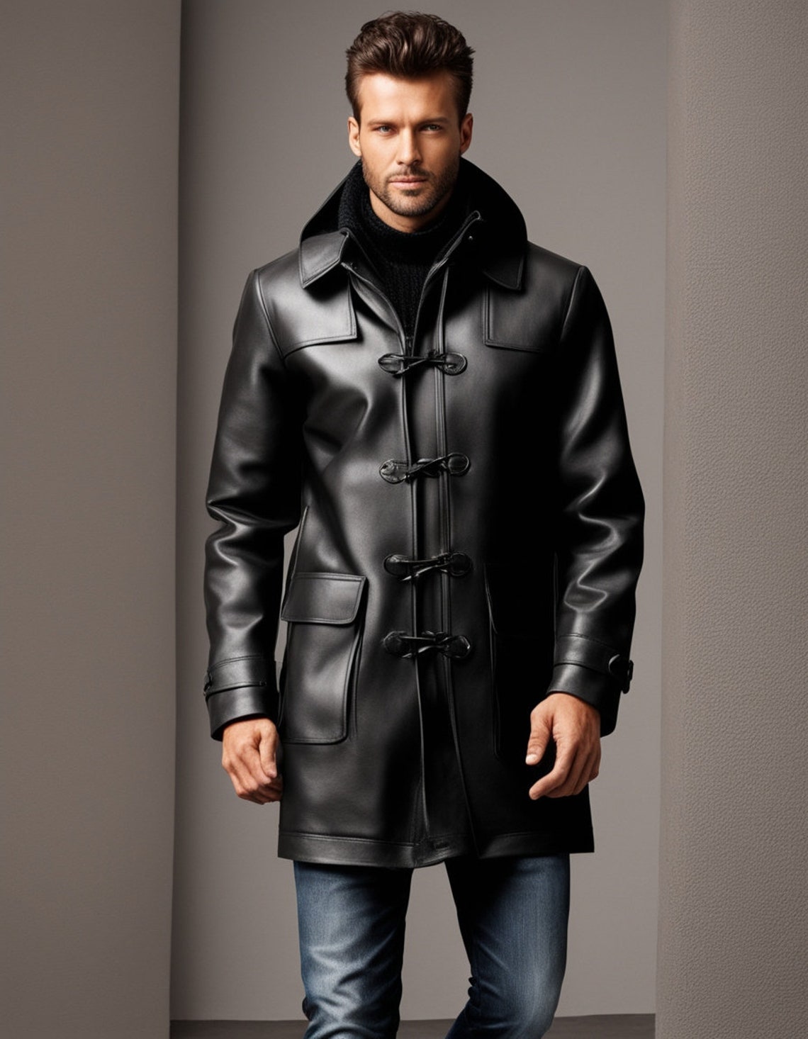 Long Duffle Leather Coat for Men Handmade Black Duffle Men's Coat Gift ...