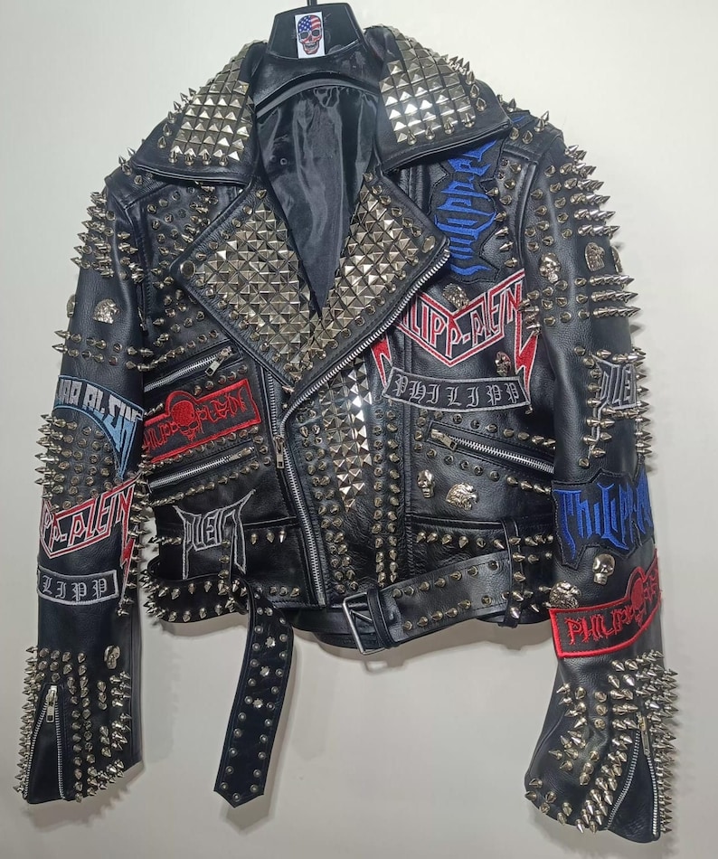 Men Skull Jacket Silver Studs, Spikes and Patches Made Leather Jacket ...