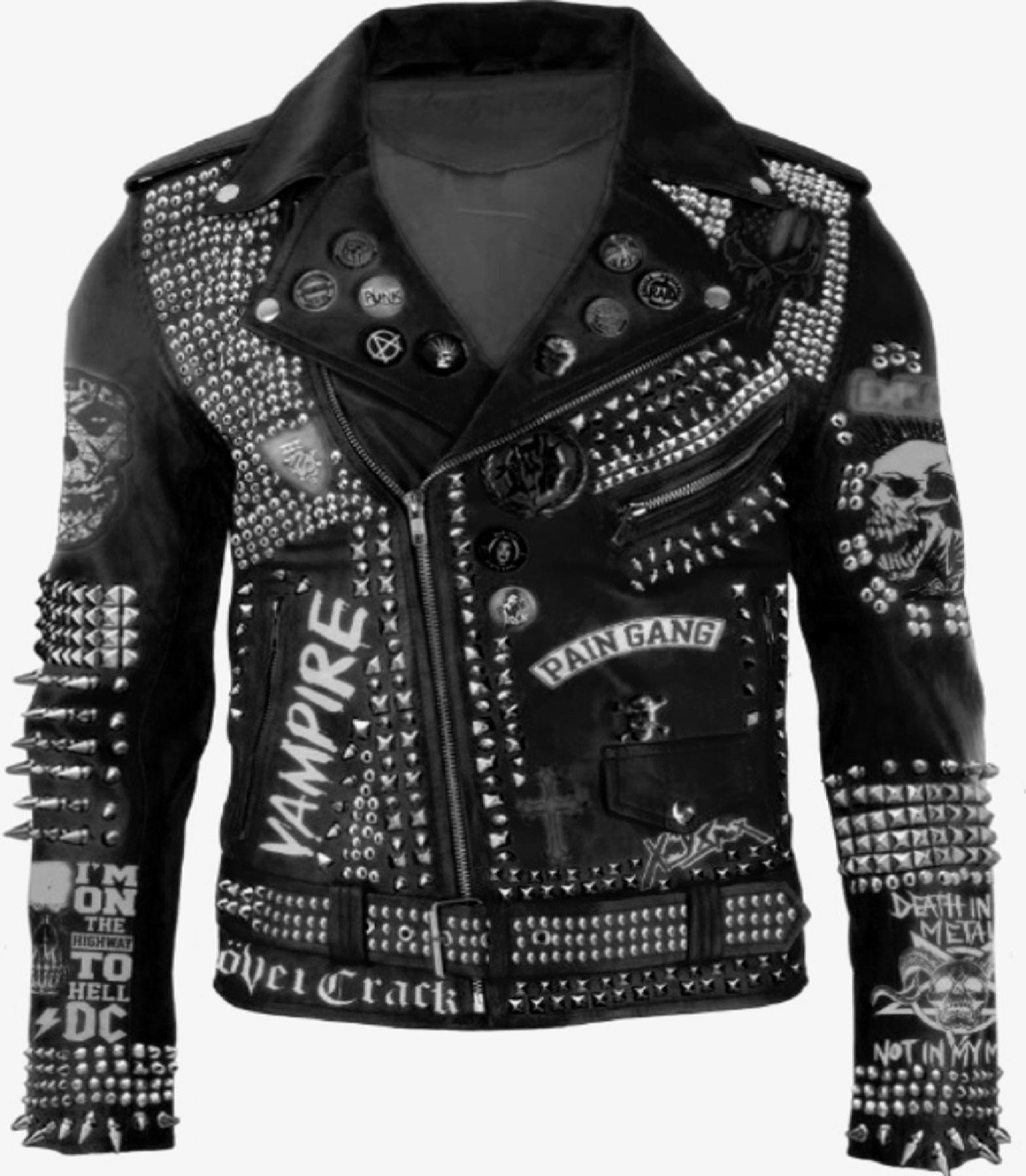 Men's Black Leather Biker Jacket With Silver Printing & Silver Studded ...