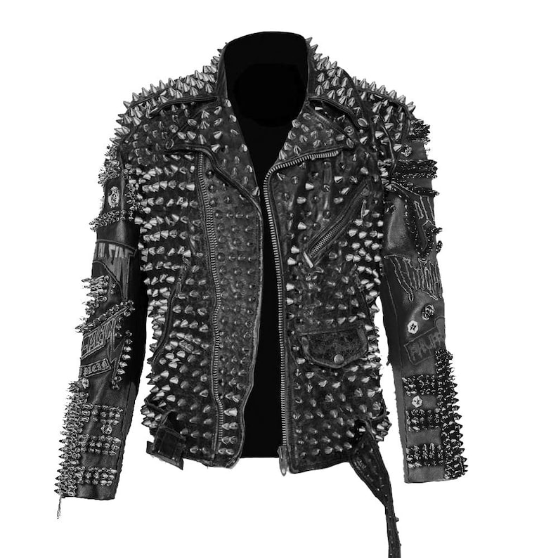 Men's Studded Spiked Leather Jacket With Patches | Edgy Biker Style ...