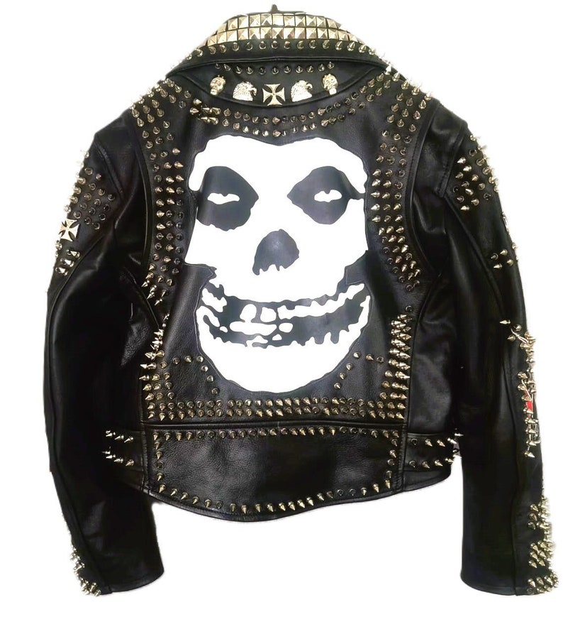Men Skull Jacket Silver Studs, Spikes and Patches Made Leather Jacket ...
