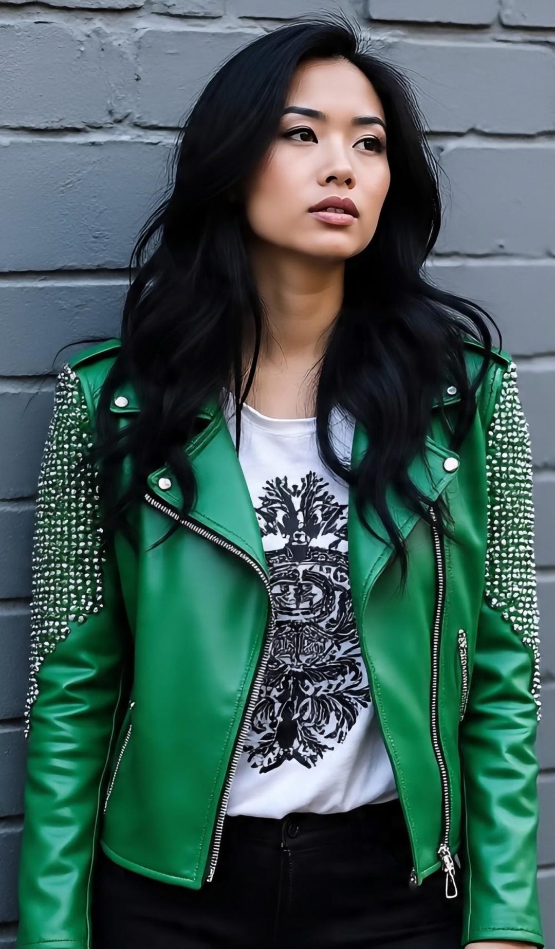 Venom Ivy Women’s Green Leather Punk Jacket With Heavy Studded Sleeves ...