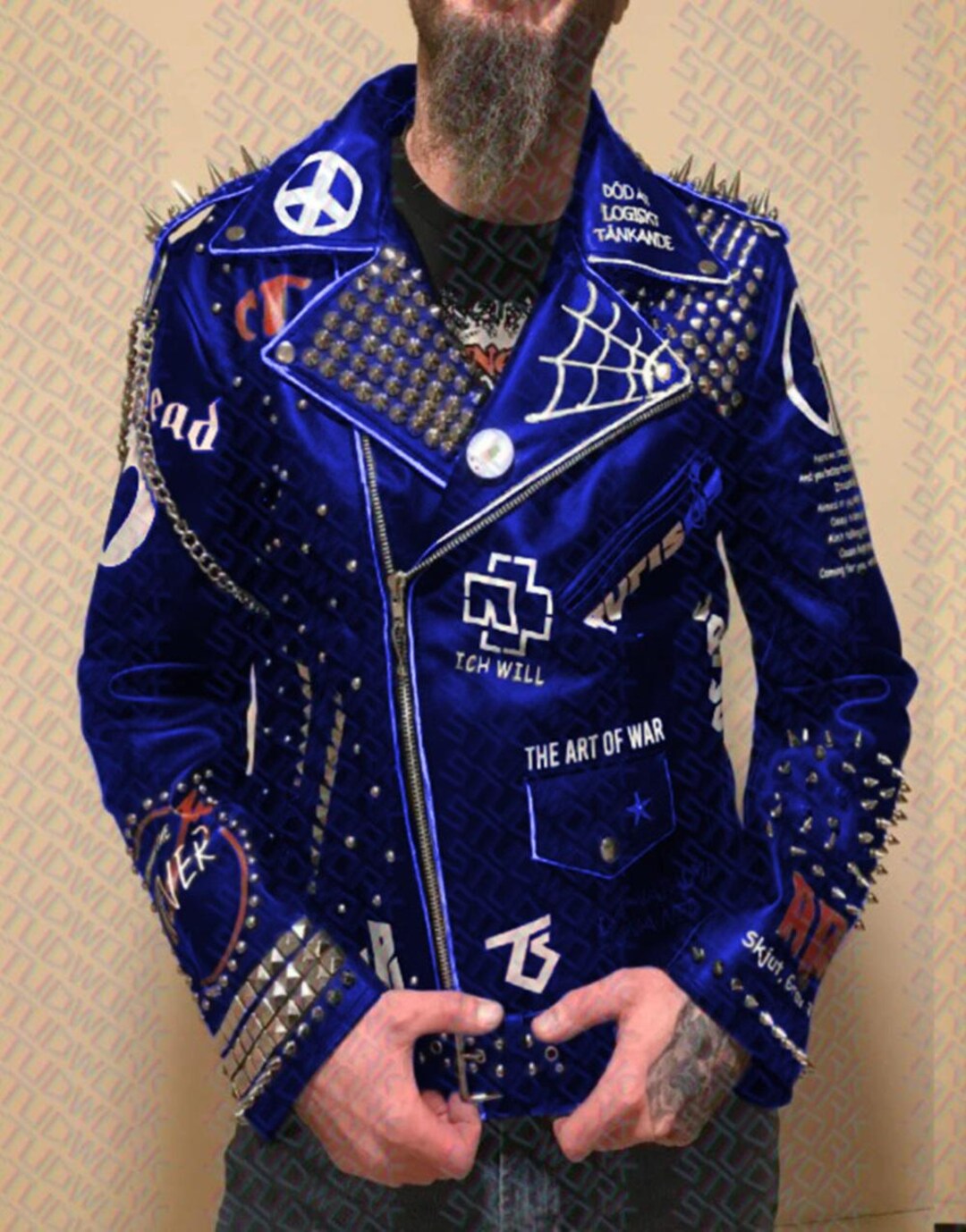 Iron Howl Men’s Blue Cowhide Leather Jacket With Spikes, Studs ...